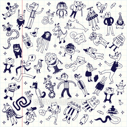 Crazy doodle animals school notebook mega set. Vector illustration. 이미지 ...