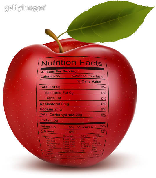 Apple with nutrition facts label. Concept of healthy food. Vecto ...