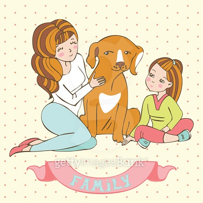 Gentle card with mother, daughter and dog in vector 이미지 (514991705 ...