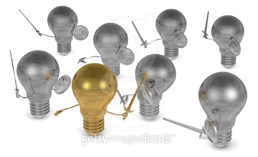 Entirely golden lightbulb fighting against many silver ones with swords ...