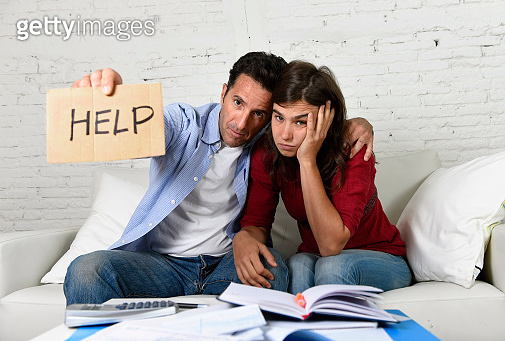 couple worried in bad financial situation stress asking for help ...