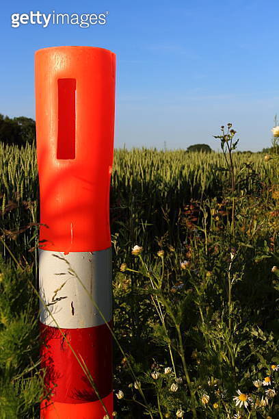 Construction site warning pillar in wheat field (497102825) - 게티이미지뱅크