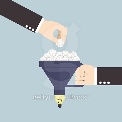 Funnel with crumpled paper and light bulb of idea 이미지 (476890382) - 게티이미지뱅크