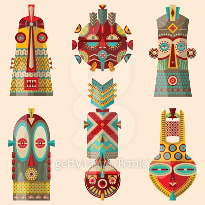 Multi-colored african masks of different shapes. (491121720) 일러스트, 무료 ...
