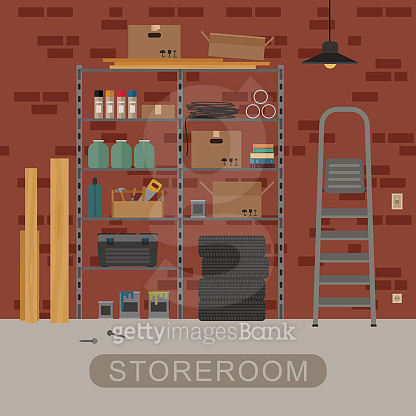 Storeroom interior with brickwall. (500227592) 일러스트, 무료 일러스트 - 게티이미지뱅크