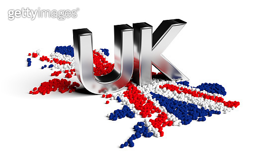 UK text with flag and map formed by particles 이미지 (494387596) - 게티이미지뱅크