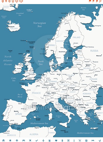 Europe - map and navigation labels - illustration (465345240) - 게티이미지뱅크