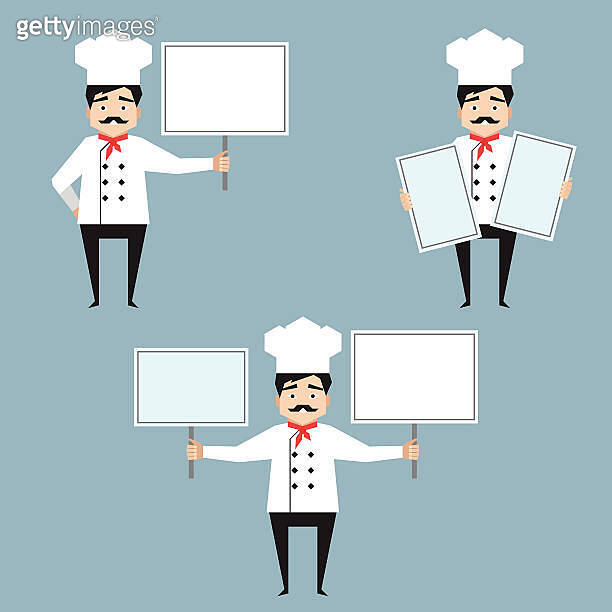 Chef characters holding white banners flat vector illustration ...