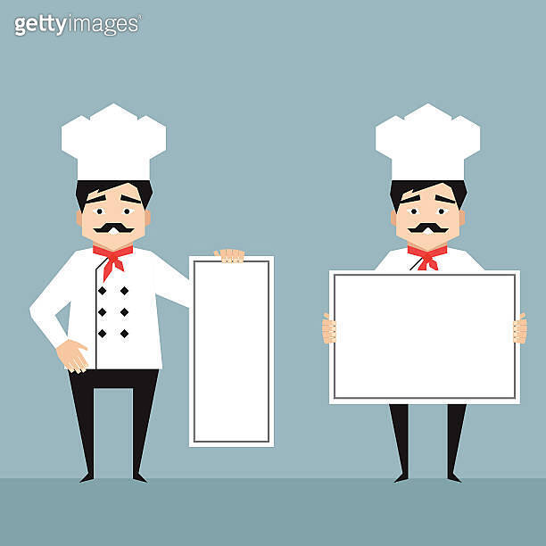 Chef characters holding white banners flat vector illustration ...