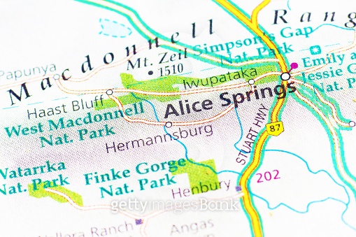 Alice Springs area on a map (480492980) - 게티이미지뱅크