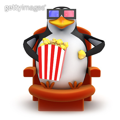 3d Penguin eats popcorn whilst watching a 3d movie (519027259) - 게티이미지뱅크