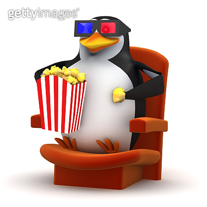 3d Penguin eats popcorn at the 3d movie (499978661) - 게티이미지뱅크