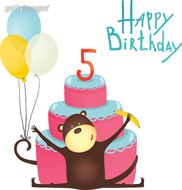 Monkey Congratulating Five Years Old with Happy Birthday Lettering ...