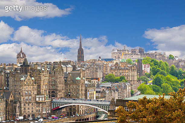Edinburgh Skyline with North Bridge and Edinburgh Castle, Scotland, UK ...