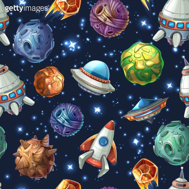 Comic space planets and spaceships. Vector seamless pattern 이미지 ...