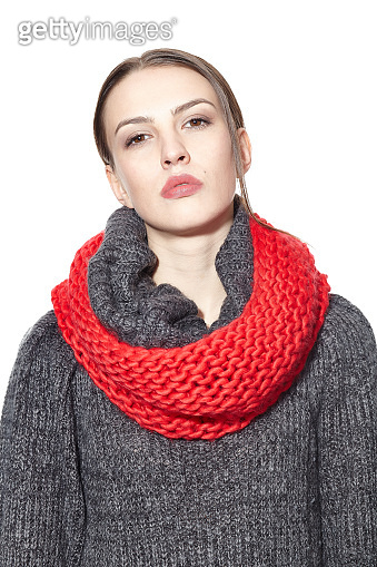 Attractive fashion model with red scarf and pullovear 이미지 (531578819 ...