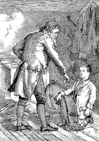 Small Victorian boy kneeling before an angry old man (498530674) - 게티이미지뱅크
