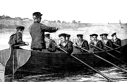 Young sailors rowing a boat (Victorian engraving) (497901578) - 게티이미지뱅크