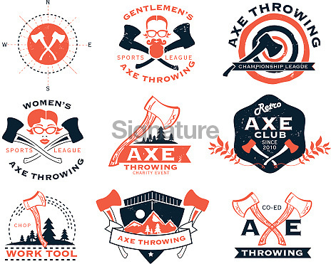 Orange and blue Axe Throwing set of labels or badges 이미지 (476935598 ...