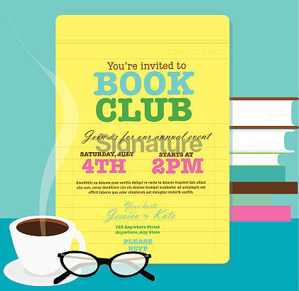 Book club event invitation design template feauring library card 이미지 ...