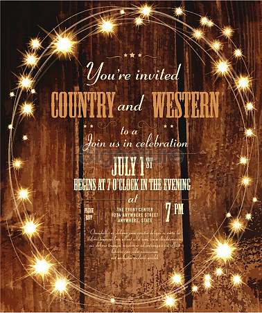 Country and western invitation design template with oval string lights ...
