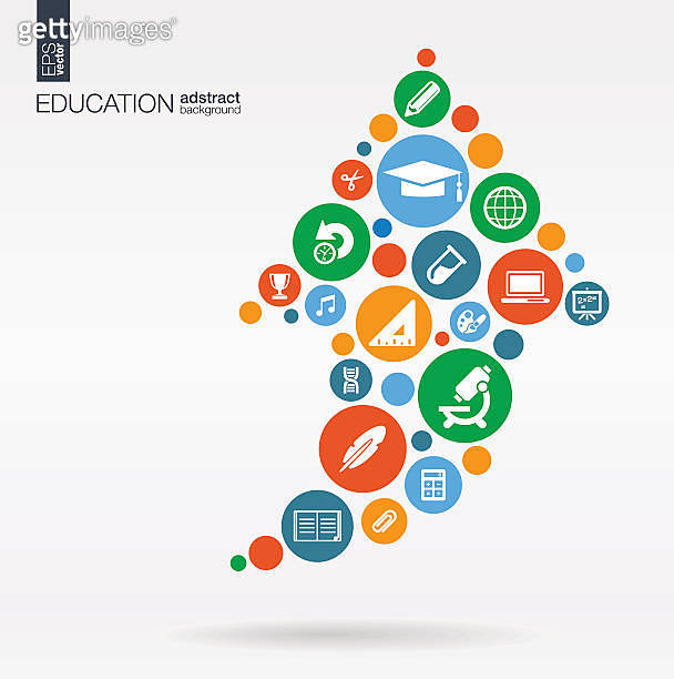 Education color icons in arrow shape abstract background: vector ...
