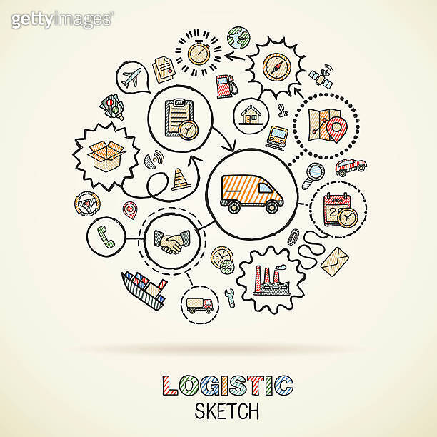 Logistic hand draw connected sketch icons. Vector doodle infographic ...