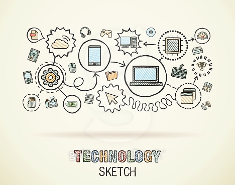 Technology hand draw integrated doodle icons set. Vector sketch ...