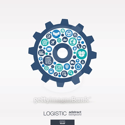 Logistic color icons in cogwheel shape abstract background: vector ...