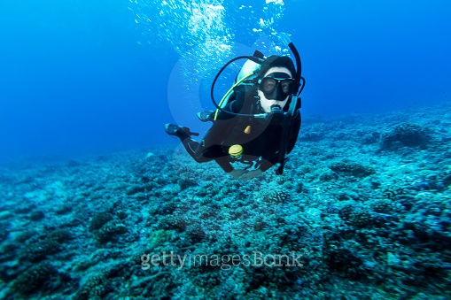 Woman Scuba Diving in Tiputa Pass, Rangiroa, French Polynesia 이미지 ...