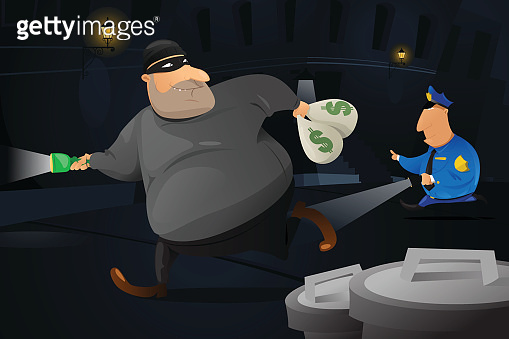 Policeman catching a robber in a dark alley (535022279) - 게티이미지뱅크