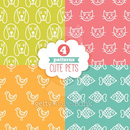 Seamless patterns with cute pets. Dog, Cat, Bird, Fish 이미지 (473789212 ...