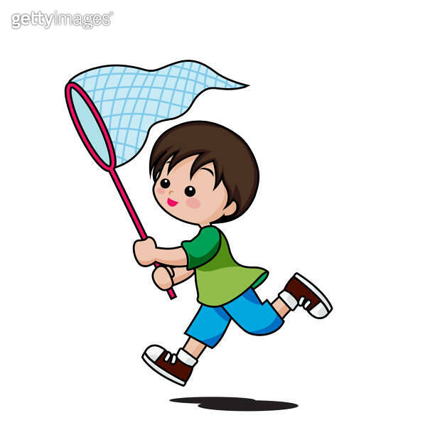 Cute little boy cartoon running to catch insects isolated (500355056 ...