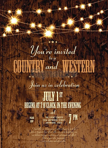 Country and western invitation design template with string lights ...