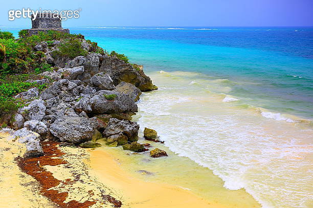 Tulum ancient mayan ruins and caribbean turquoise beach, Mexico 이미지 ...