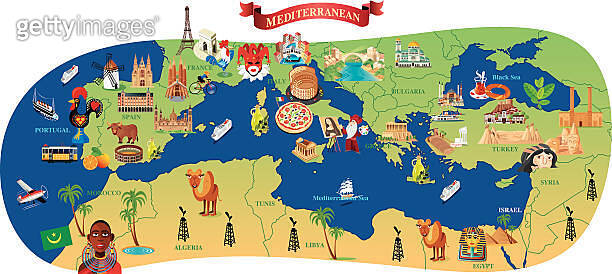 Mediterranean Cartoon map (473077434) 일러스트, 무료 일러스트 - 게티이미지뱅크