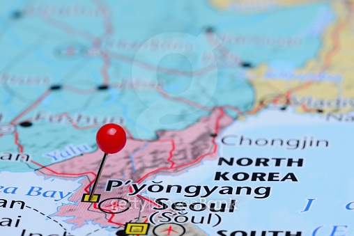 Pyongyang pinned on a map of Asia 이미지 (487667578) - 게티이미지뱅크