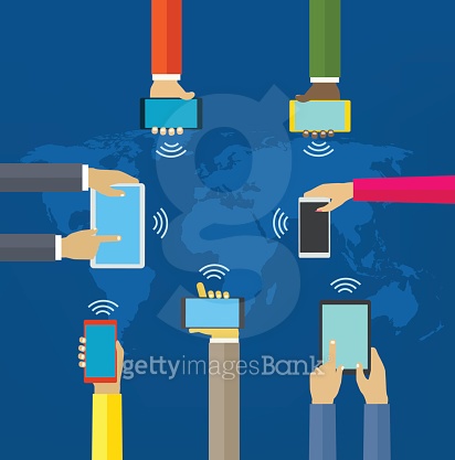 Hands with phones. Interaction hands using mobile and other digi 이미지 ...