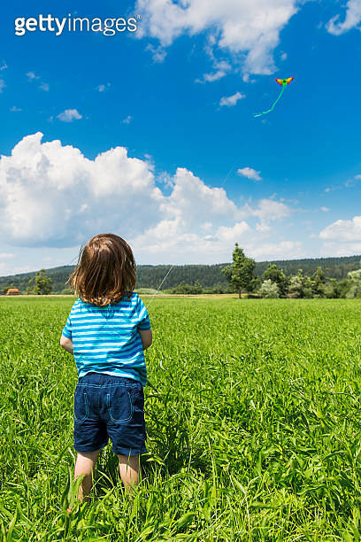 Little boy flying his toy kite in a meadow (500495589) - 게티이미지뱅크