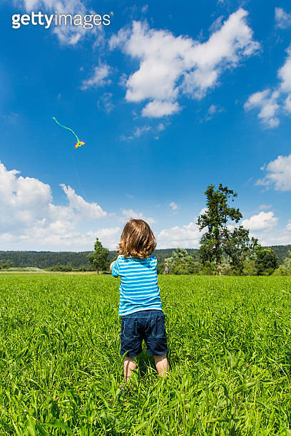 Little boy flying his toy kite in a meadow (500495583) - 게티이미지뱅크