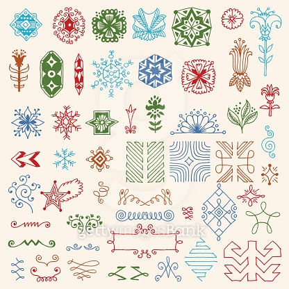 Hand drawn dingbats design elements color set. Vector illustration. 이미지 ...