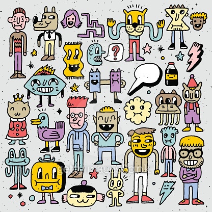 Cartoon wacky doodle colorful set 1. Vector illustration. Hand drawn ...