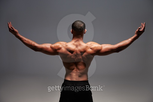 Male bodybuilder raising his arms, back view 이미지 (483421736) - 게티이미지뱅크