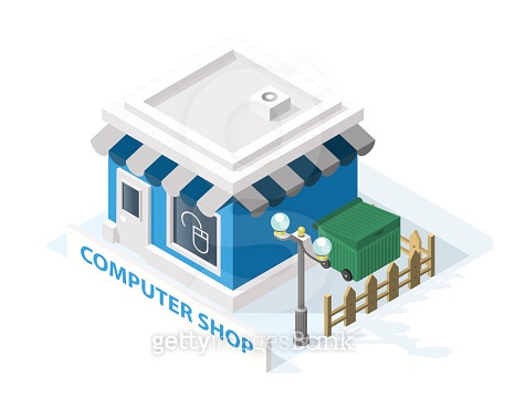 Isometric City Element on White Background. Computer Shop 이미지 ...