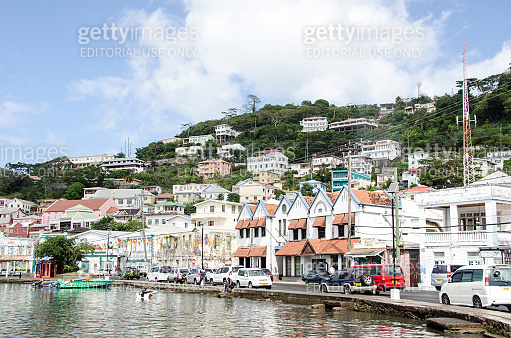 St. George's Grenada Waterfront showing shops and main road 이미지 ...