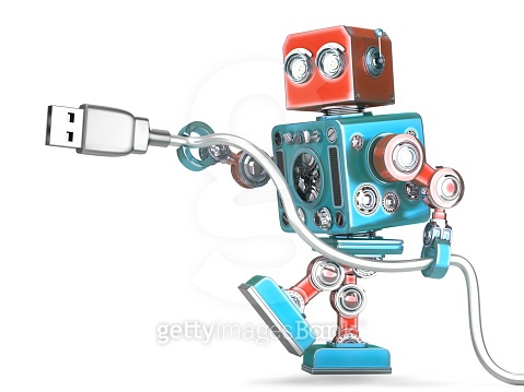 Robot connecting USB cable. Isolated. Contains clipping path 이미지 ...