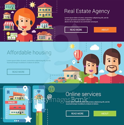 Set of real estate flat modern illustrations, banners, headers with 이미지 ...
