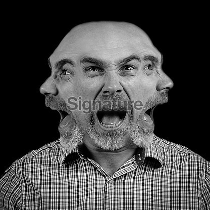 Mad man with three faces shouts on each side. 이미지 (500484904) - 게티이미지뱅크