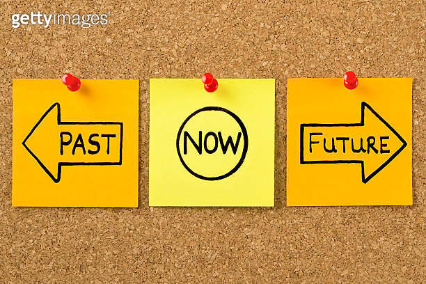 Past Present Future Adhesive Notes on Bulletin Board 이미지 (469450986 ...
