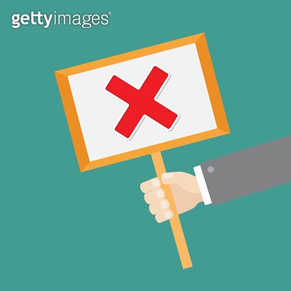 Hand holding paper blank sign plate red cross mark Flat 이미지 (465007088 ...